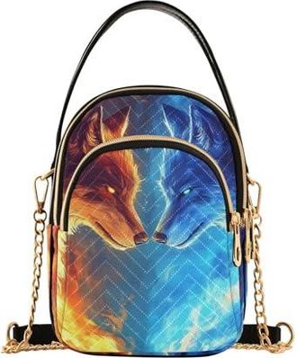 Mnsruu Sac à bandoulière pour femme avec motif loup feu, deux loups et galaxie, petit sac à bandoulière avec sangle réglable