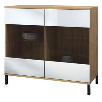 Vladon Kommode Bari V3, Moderner Küchenschrank mit 2 großen Glastüren Eiche Evoke/Weiß Hochglanz (92,5 x 83.5 x 35)