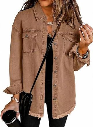 Generic Veste d&eacute;contract&eacute;e en jean boutonn&eacute;e pour femme, manches longues, ourlet effiloch&eacute;, veste en jean avec poches, marron, XXL