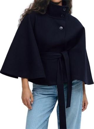 Generic Cinch Cape Jacket Femme &Eacute;l&eacute;gant Ceintur&eacute; Cape Veste Col Montant Chauve-Souris Cinch Capes Manteau Tendance Casual Caban, bleu marine, M