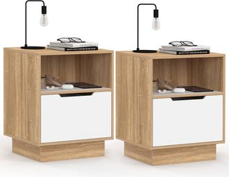 IDMarket 2er-Set Nachttische OXANA 1 Schublade mit Nische wei&szlig; und Buchenholzoptik