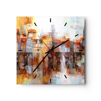 Arttor Modern Wanduhr Stadt Mietshaus 30x30cm Quadrat Klein Wand Uhr Glas Analog Zimmeruhren Küche Büro Wohnzimmer Glasuhr Wall Clock Dekoration Design Wandd