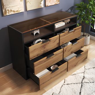Generic Modernes Sideboard aus Glas und Holzfurnier mit Metallgriffen, Kommode mit 6 Schubladen und 2 offenen Fächern, Stabiler Aufbewahrungsschrank mit Kipps
