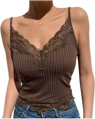 Generic D&eacute;bardeur pour femme - D&eacute;bardeur &agrave; bretelles spaghetti - Avec bordure en dentelle - Avec soutien-gorge int&eacute;gr&eacute; - D&eacute;bardeurs d&eacute;t&eacute; - Col en V - T-shirt 