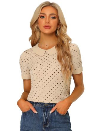 Allegra K Damen Kurzarm Bubikragen Punkte Oberteil Vintage Polka Dots Elegant Top Bluse Dunkel Beige XS
