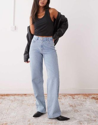 Noisy May Jannel - Jean ample à strass et taille haute - Bleu clair