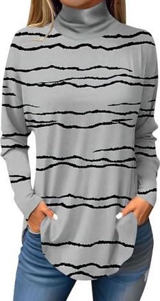 Generic Pull long pour femme, à porter avec des leggings, chemises imprimées ethniques florales, tunique à col montant, tenues à épaules tombantes, hauts cour