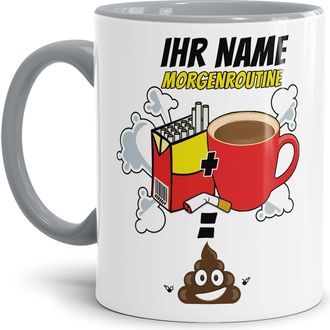 Tassendruck Tasse mit Spruch - Morgenroutine: Kaffee Kippen Kacken - mit Name Personalisieren - Lustige Kaffeetasse, Geschenk für Freunde, Kumpels, Männer - Keram
