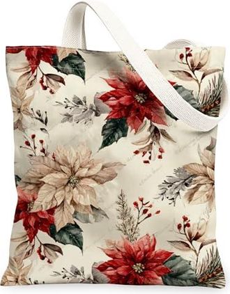 Generic Sacs fourre-tout en toile motif floral de No&euml;l, sacs d&eacute;picerie r&eacute;utilisables, &eacute;l&eacute;gants, l&eacute;gers et lavables, Rouge, 13x15 Inch