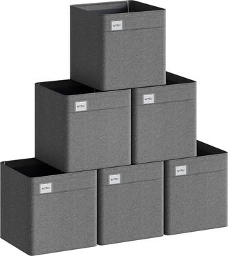 Woltu Faltbare Aufbewahrungsboxen 6 Stück, Stoffboxen mit Etikette und Griffen, Aufbewahrungswürfel Organizer für Regal, Dunkelgrau, 29,5x29,5x29cm