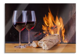 Pixxprint Glasbild, Wandbild aus Echtglas, Zwei Gläser Wein mit Baguette, 80x60 cm, inkl. Aufhängung und Abstandshalter