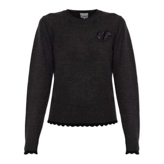 Ganni Femme, Pulls, Gris, Taille: 42 FR Pull en crochet avec &eacute;cusson logo