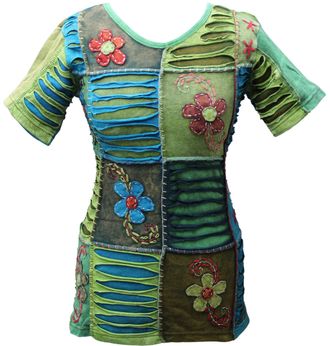 Shopoholic Fashion Damen Blaue Blumen Stickerei Kurze Ärmel Hippie Top, 3XL