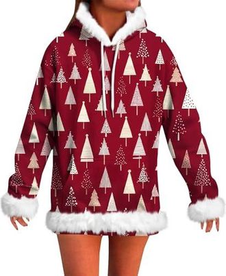 Generic Pull de Noël pour femme - Sweat à capuche de Noël moelleux et moche - Imprimé arbre de Noël amusant - Pull décontracté surdimensionné avec poches, Hau