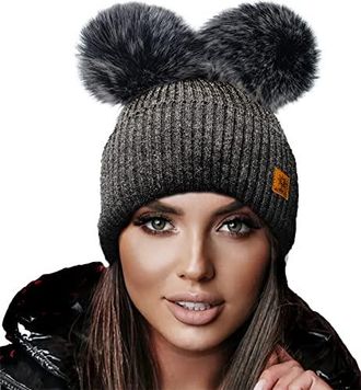 4sold Miki Mesdames Femmes dhiver Chapeau en Laine Tricoté Bonnet avec Double Pom Pom Cap Ski Snowboard Bobble (Megi Dark Grey)