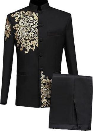 Generic Ensemble 2 pi&egrave;ces tunique chinoise brod&eacute;e &agrave; simple boutonnage col mandarin blazer coupe ajust&eacute;e pour homme, Noir, XL