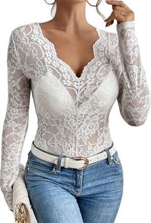 Feoya Femme Haut en Dentelle T-Shirt Transparent Manches Longues pour Femme Chemisier Col en V Sexy Top Sheer Mesh Blanc M