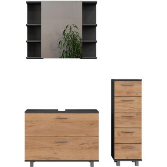 Vicco Badm&ouml;bel-Set Ilias, Goldkraft Eiche/Anthrazit, 3 Teile, mit Unterschrank 80 cm, Vicco