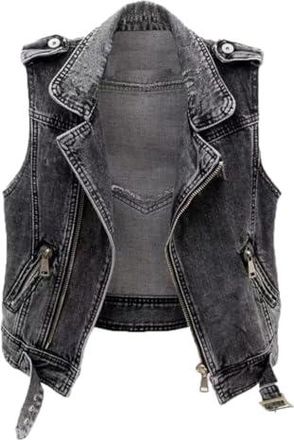 ORANDESIGNE Veste en Jean sans Manche Femme Court Denim Gilet Veste Cowboy Jean Manteaux sans Manche Gilet Moto D Noir XS