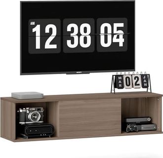 HOMCOM Meuble TV Suspendu 120 cm Armoire Murale, Meuble de Rangement Suspendu Style Moderne avec 2 Compartiments Ouverts et Porte Rabattable, Marron