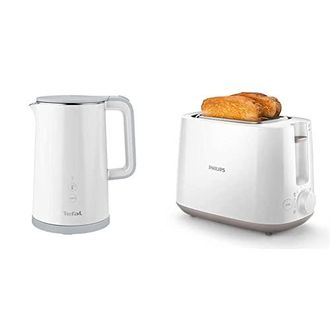 T-fal KO6931 Sense Wasserkocher | 1,5 Liter Kapazität | Digitalanzeige | 5 Temperaturstufen weiß & Philips HD2581/00 Toaster, integrierter Brötchenaufsatz, 