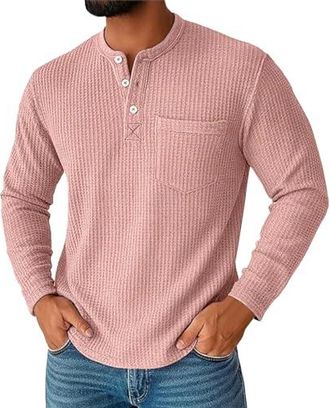 Generic Chemise Henley avec poches pour homme - T-shirt &agrave; manches longues - Coupe r&eacute;guli&egrave;re - Col rond - Avec bouton - T-shirt d&eacute;contract&eacute; et confortable - Po
