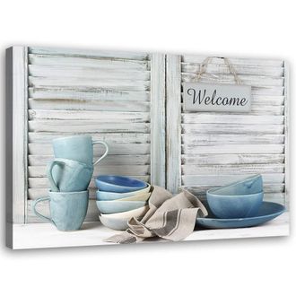 Feeby Vlies Leinwandbild Tassen Und Teller 120x80 cm Druckbild Wandbild Wanddekoration Deko Wand Aesthetic Rustikaler Stil Blau