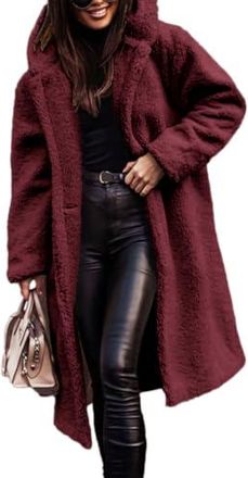 Onsoyours Veste Polaire Femme &agrave; Boutons &agrave; Capuche Manteau en Peluche Hiver Chaud D&eacute;contract&eacute;e Doux Ample Blouson A Vin Rouge S