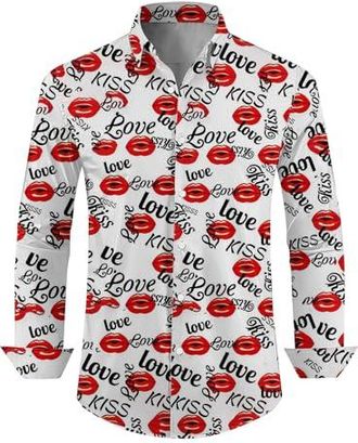 Generic Chemise de Saint-Valentin pour homme 2026 - Coupe ample à manches longues - Chemise décontractée pour la maison, lintérieur et lextérieur, rouge pastè