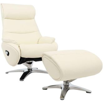 Hhg Relaxsessel mit Hocker HHG 334, Fernsehsessel Sessel, Liegefunktion drehbar, Metall Echtleder/Kunstleder creme-wei&szlig;