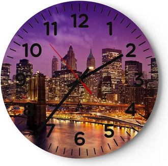 Arttor Modern Wanduhr New York Nacht Brooklyn brücke 30x30cm Rund Klein Wand Uhr Glas Analog Zimmeruhren Küche Büro Wohnzimmer Glasuhr Wall Clock Dekoration 