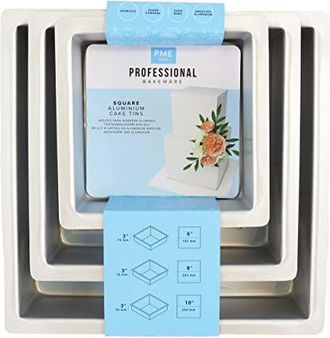 PME Quadratische Kuchenformen 15, 20, 25 cm x 7,5 cm tief, 3er -Satz, Silber