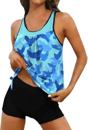 Generic Maillot de bain tankini deux pi&egrave;ces pour femme avec short boyleg - Contr&ocirc;le du ventre - Taille haute - D&eacute;bardeur de bain vintage &agrave; imprim&eacute; floral - Po