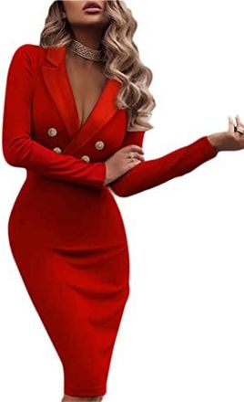 Onsoyours Robe pour Femme De Soirée Col en V Moulante Paillettes Robe De Cocktail Femme Manches Longues Couleur Unie Robe de Soirée A Rouge S