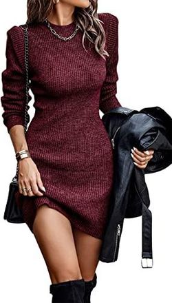 Onsoyours Femme Robe Tricot&eacute;e Robe Pull Casual Manches Longues Col Rond Robe Tricot Uni Robe Pull Loisirs Robe Hiver Mini-Robe Automne Hiver A Vin Rouge M
