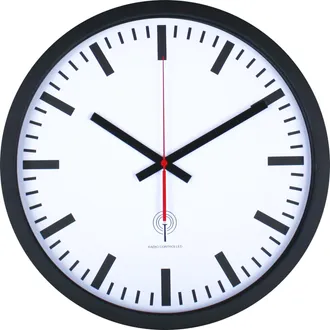 Eurotime Funkwanduhr, schrittsekunde, 40 cm, Edelstahlgehäuse Schwarz, Echtglas, Bahnhofszifferblatt, automatische Zeitein- und Zeitumstellung, Wanduhr für Woh