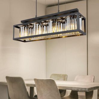 ETC Shop Kristall Pendelleuchte Hängelampe Wohnzimmer modern Hängeleuchte Esstisch schwarz 4 flammig, Metall Glas, 4x E27 Fassungen, LxH 68 x 120 cm