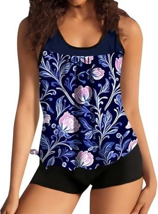 Generic Ensemble tankini imprim&eacute; conservateur pour femme - Maillot de bain fendu &agrave; motif floral avec coussinets de soutien-gorge int&eacute;gr&eacute;s et short boyshort, m