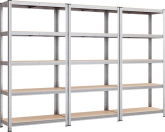 Songmics Schwerlastregal, 3er Set, Kellerregal, Lagerregal, 40 x 90 x 180 cm, Regal mit Stahlgestell, bis 875 kg belastbar, 5 verstellbare Ablagen, silbern GLR