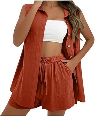 Generic 2026 Vestes pour femmes et filles Tenues deux pi&egrave;ces avec col &agrave; revers sans manches et short &agrave; jambes larges &agrave; ceinture, marron, XXL