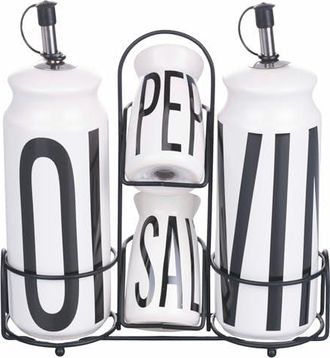 Villa D'Este Home Tivoli Öl-, Essig-, Salz- und Pfefferstreuer aus Steinzeug, Edelstahlständer, weiß, Bigismore