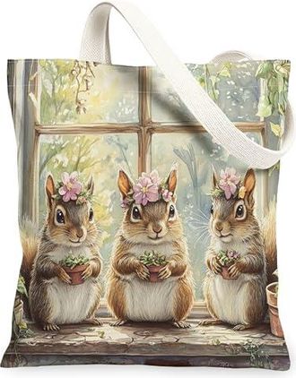 Generic Sac fourre-tout en toile avec motif &eacute;cureuil printanier pour faire du shopping, 33 x 38,1 cm, motif animal en pot, sac d&eacute;picerie r&eacute;utilisable pour fem