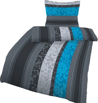 Soma Fein Biber Bettwäsche Garnitur 4tlg. - 135 x 200 cm und 80 x 80 cm - Hergestellt in Deutschland - Feinbiber anthrazit/petrol/Blume (2)