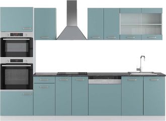 Vicco Küchenzeile R-Line, Blau-Grau/Weiß, 300 cm mit Hochschrank, AP Anthrazit