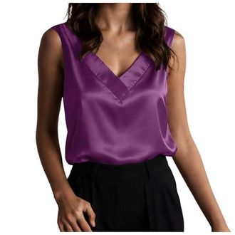 Generic D&eacute;bardeurs en satin Femme Brillance Tank Top El&eacute;gant Haut sans Manches Blouse Mode D&eacute;bardeur en Col en V Basiques T-Shirt D&eacute;contract&eacute; Aspect Soie Chem