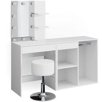 Vicco Coiffeuse Isabelle, Blanc, 60 cm avec led, tabouret et armoire