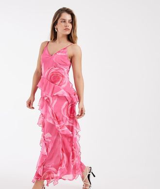 Vero Moda Petite Smilla - Robe mi-longue en mousseline &agrave; imprim&eacute; roses oversize ton sur ton avec bretelles et volants - Rose