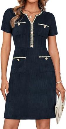 Grace Karin Robe de travail formelle &agrave; manches courtes avec col en V et poches pour femme, bleu marine, XXL