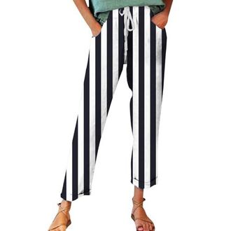 Generic Pantalon L&eacute;ger Femme Fluide Blanc en Lin &Eacute;t&eacute; Pantalon Court en Lin pour Femme Grande Taille Taille Haute Jambe Large Longueur Cheville Ray&eacute; pour La Ve