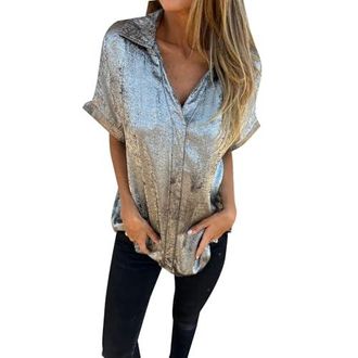 Generic Haut &agrave; paillettes pour femme - Chemise d&eacute;contract&eacute;e boutonn&eacute;e - Confortable et doux - Manches courtes - Col en V - Chemise d&eacute;t&eacute; l&eacute;g&egrave;re &agrave; revers, gris,